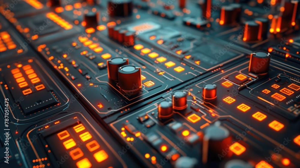 Orange and grey glowing control panel of computer data center ...