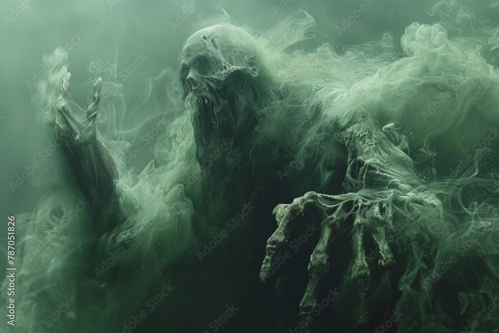 A ghastly figure with translucent skin and elongated fingers, its mouth ...