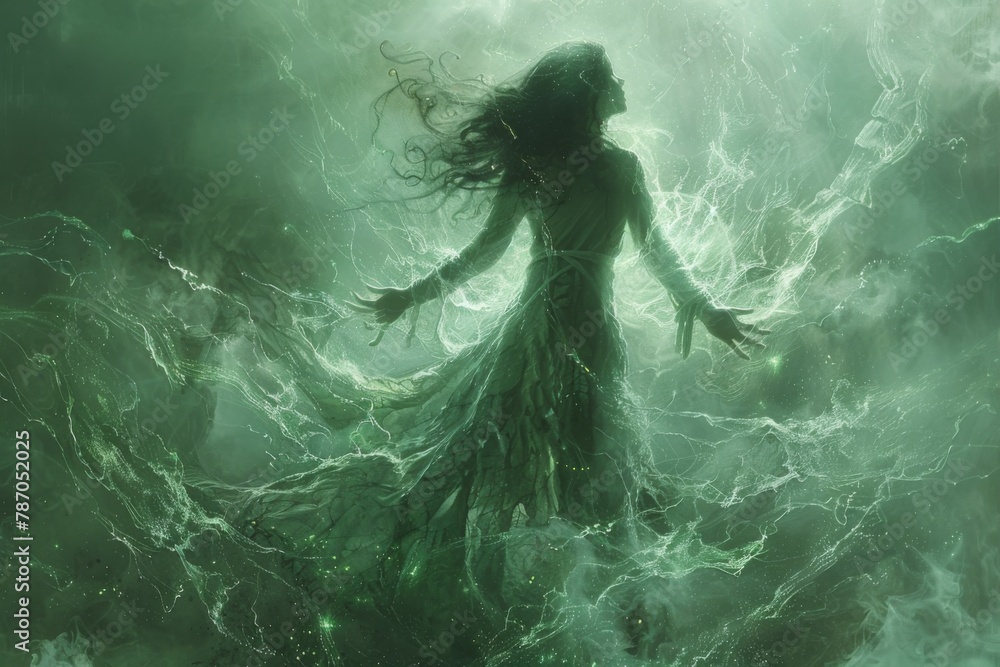 A shadowy banshee with flowing hair and a tattered dress, screaming ...