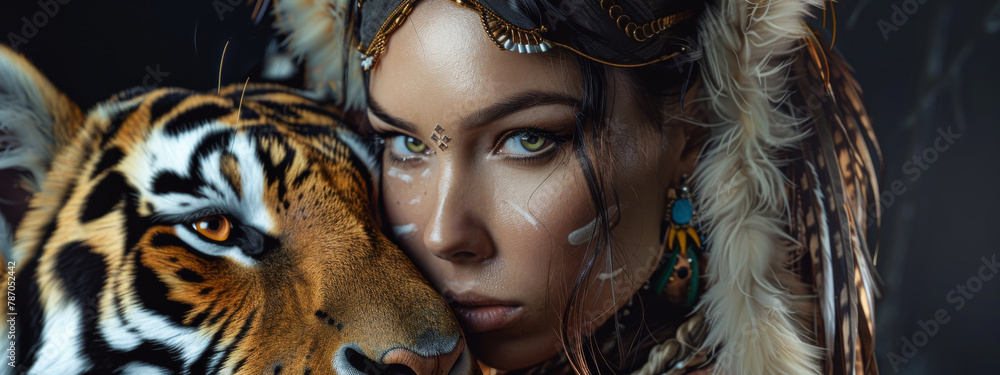 A fantasy female woman with a tiger in a minimal bikini costume ...
