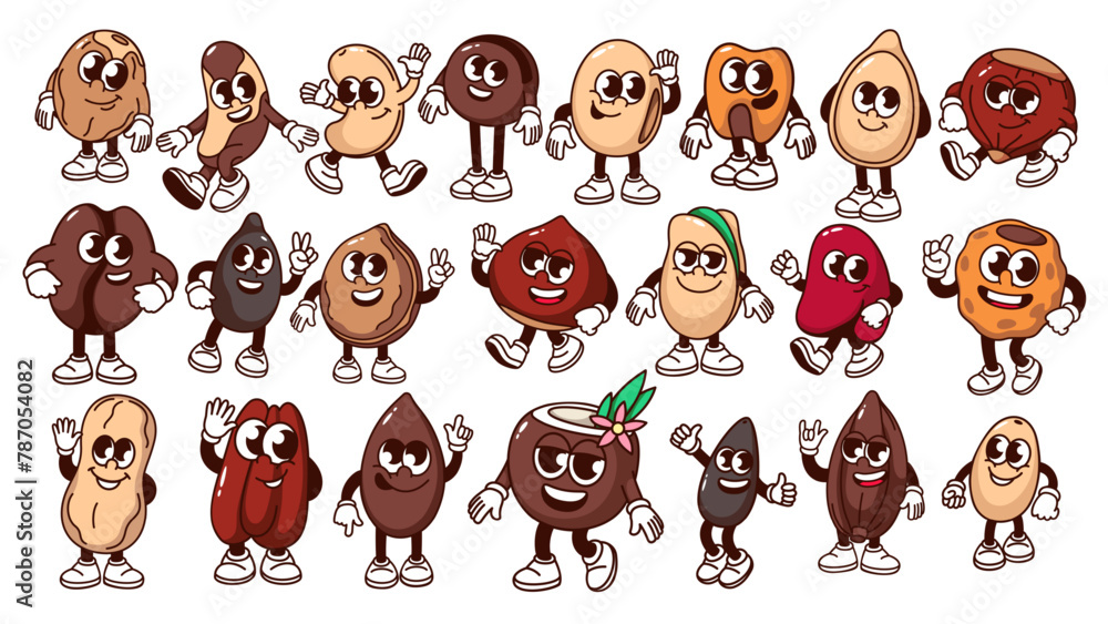 Groovy cartoon nut, bean and seed characters set. Funny retro happy ...