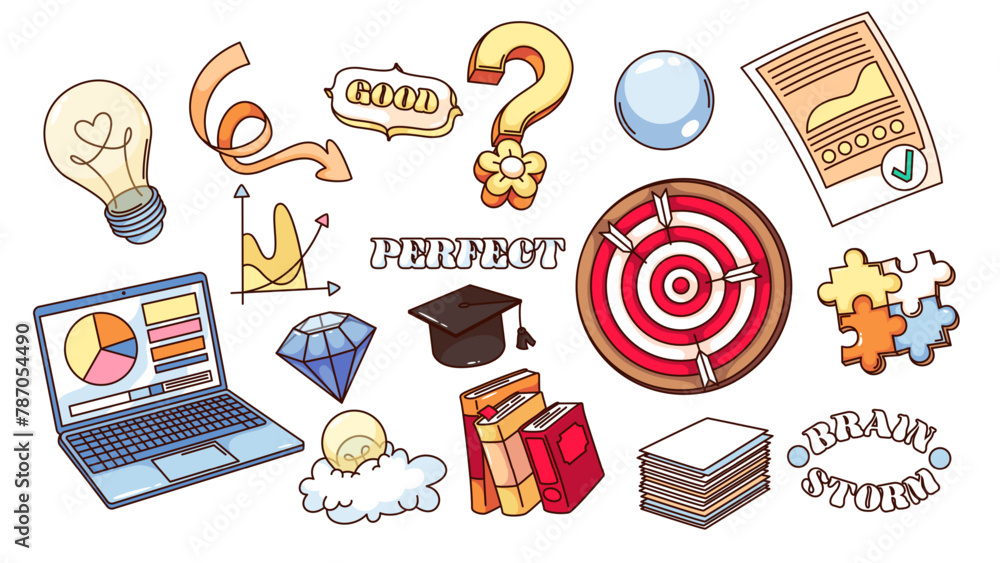 Groovy cartoon stickers of brainstorm on idea set. Funny retro puzzle ...
