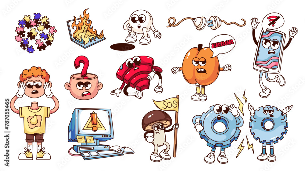 Groovy cartoon characters and stickers set to disconnect internet ...