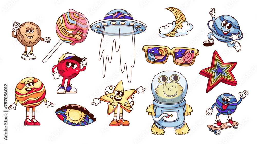 Groovy space and planet cartoon characters set. Funny retro planet of ...