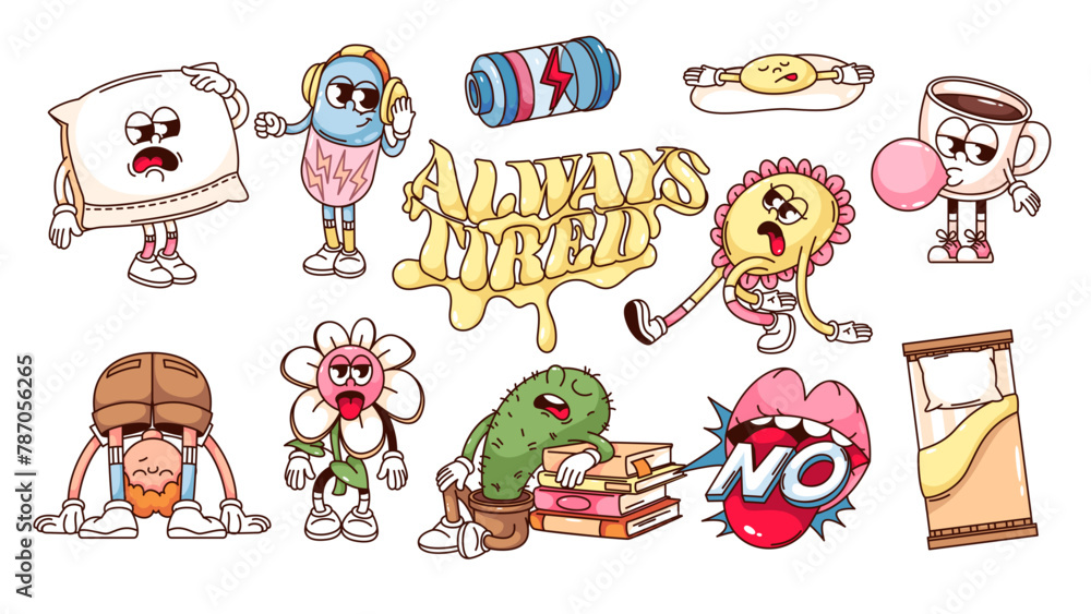 Vetor de Groovy cartoon characters with tired faces set. Funny retro ...