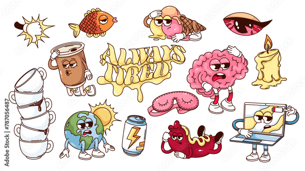 Groovy cartoon characters with tired faces set. Funny retro coffee cups ...