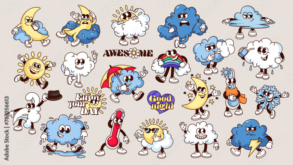 Groovy cartoon weather characters and typography stickers set. Funny ...