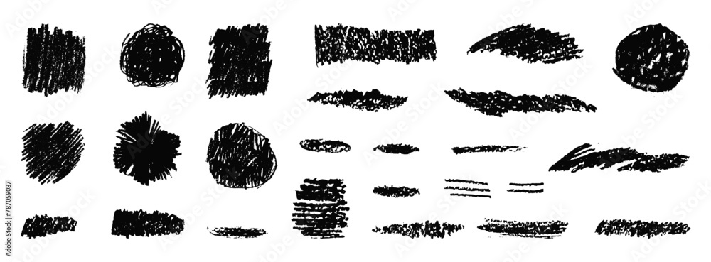 Charcoal scribble textures. Vector hand-drawn squiggle set. Crayon ...