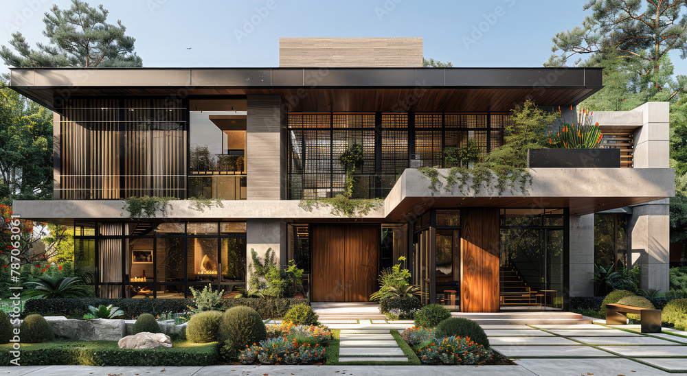 An elegant Miami modern house with stone and wood accents, featuring ...