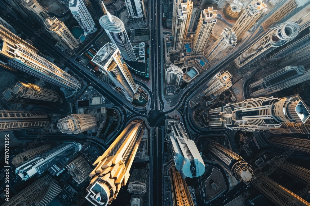This aerial photo showcases a cityscape characterized by towering ...
