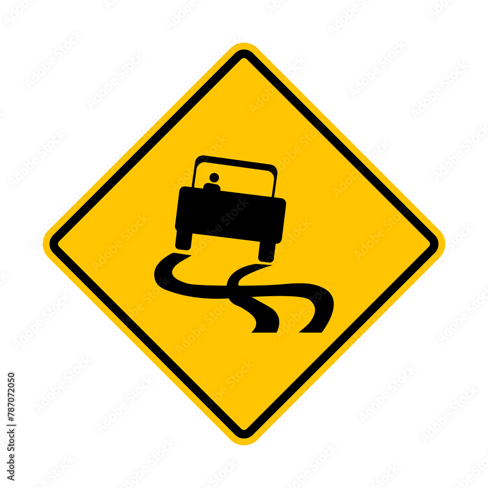 Slippery road sign. Yellow diamond shaped warning road sign. Diamond ...
