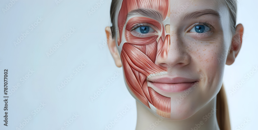 Frontal view of a smiling beautiful European woman, half of her face ...