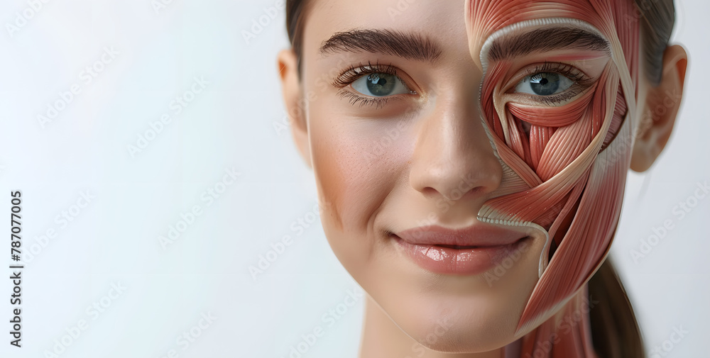 Frontal view of a smiling beautiful European woman, half of her face ...