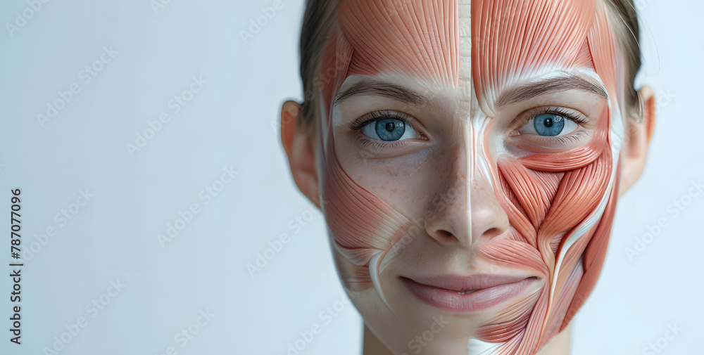 Frontal view of a smiling beautiful European woman, half of her face ...