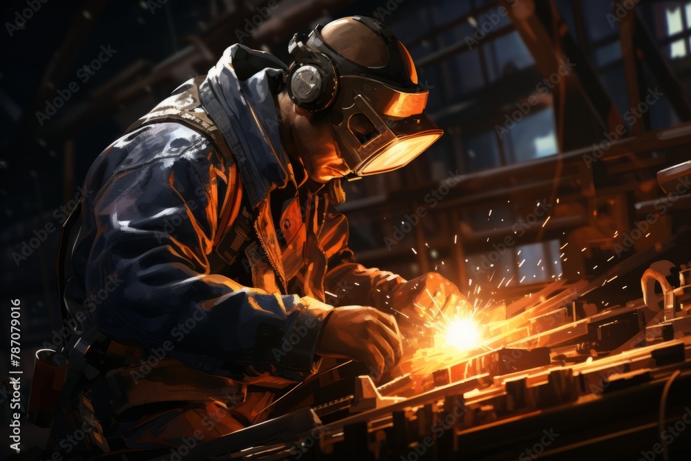 specialist welding a metal part in a workshop. The welder is focused on ...
