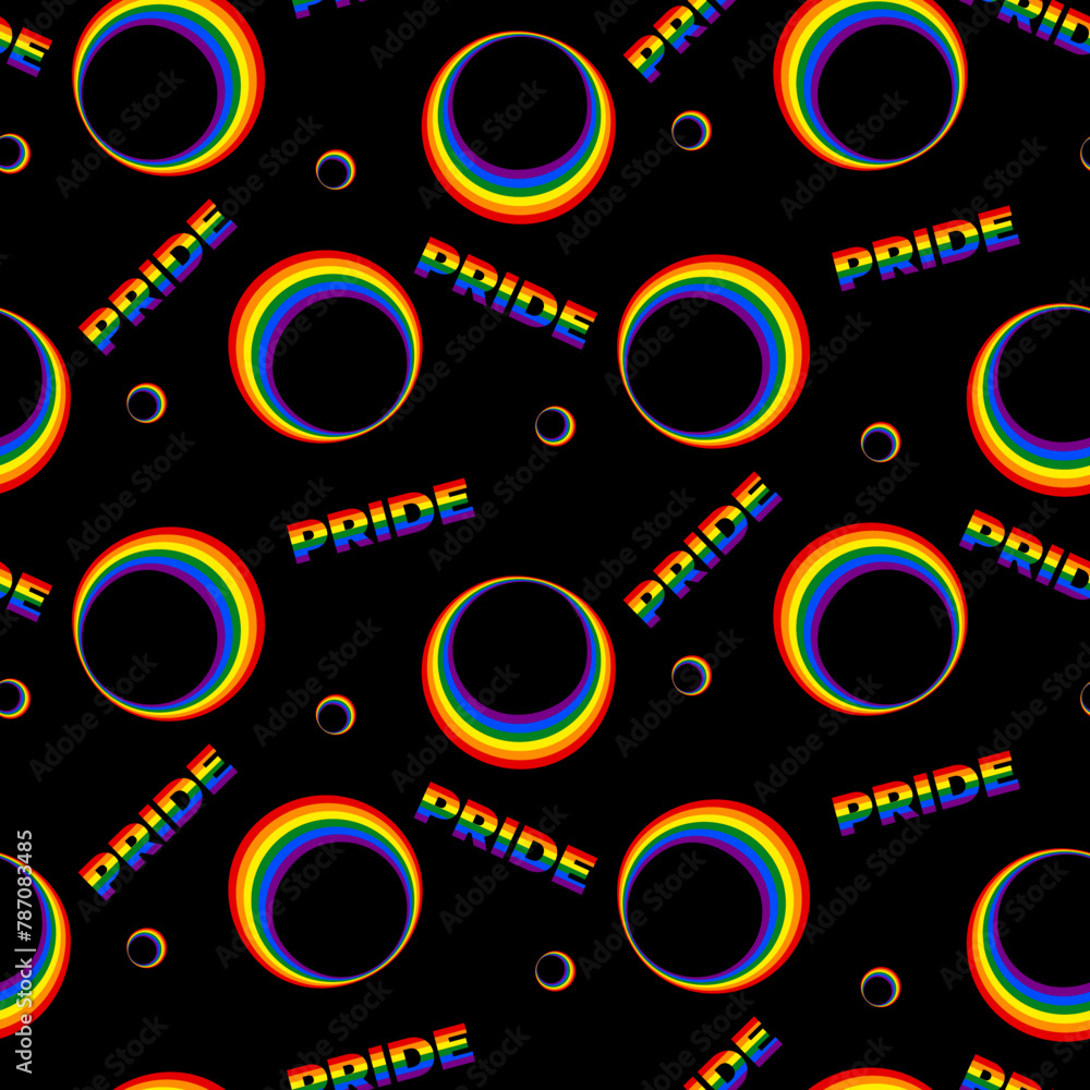 Seamless pattern with Rainbow Circles and the word "Pride" on a black ...