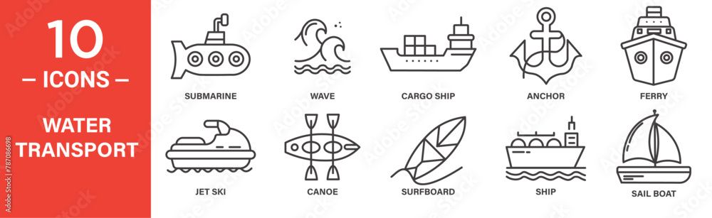 water transport related vector icon set includes submarine, wave, cargo ...