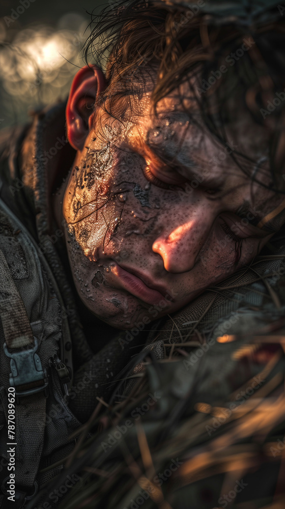 Young soldier dead on the battlefield during a war, with a dirty and ...
