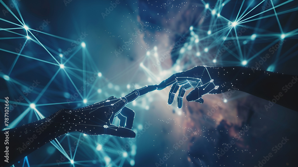 Wireframed Robot hand connecting with human hand on light background ...