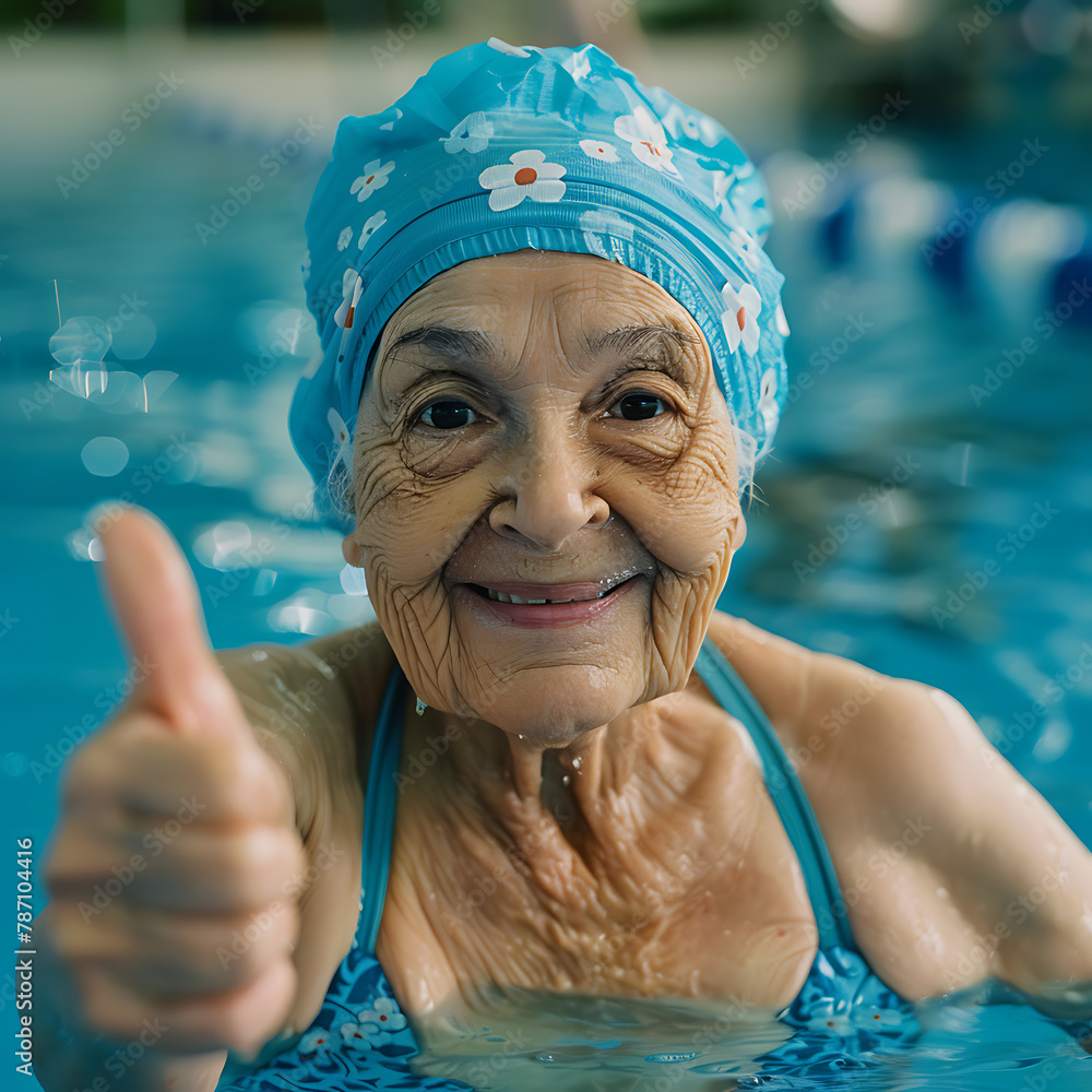 Cute elderly woman in a bathing cap and swimsuit smiles and shows ...