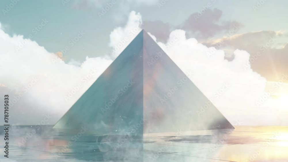 prism with white clouds. geometric shape, realistic render of a conical ...