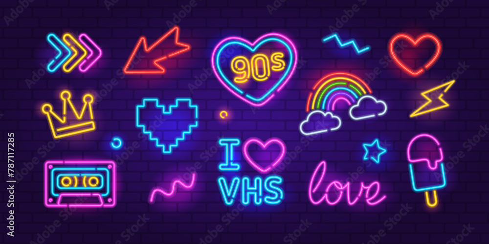Vector Neon Sign set 3 on brick wall background. Editable neon icons ...