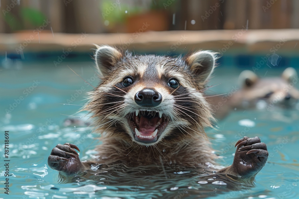 A delighted raccoon appears to be enjoying its time in a pool with paws ...