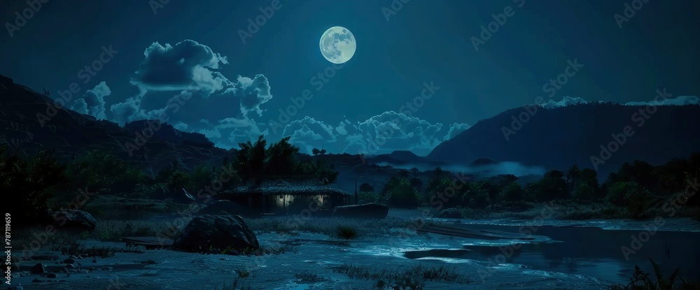 Night time, full moon, house on the water with gabled roof and gothic ...