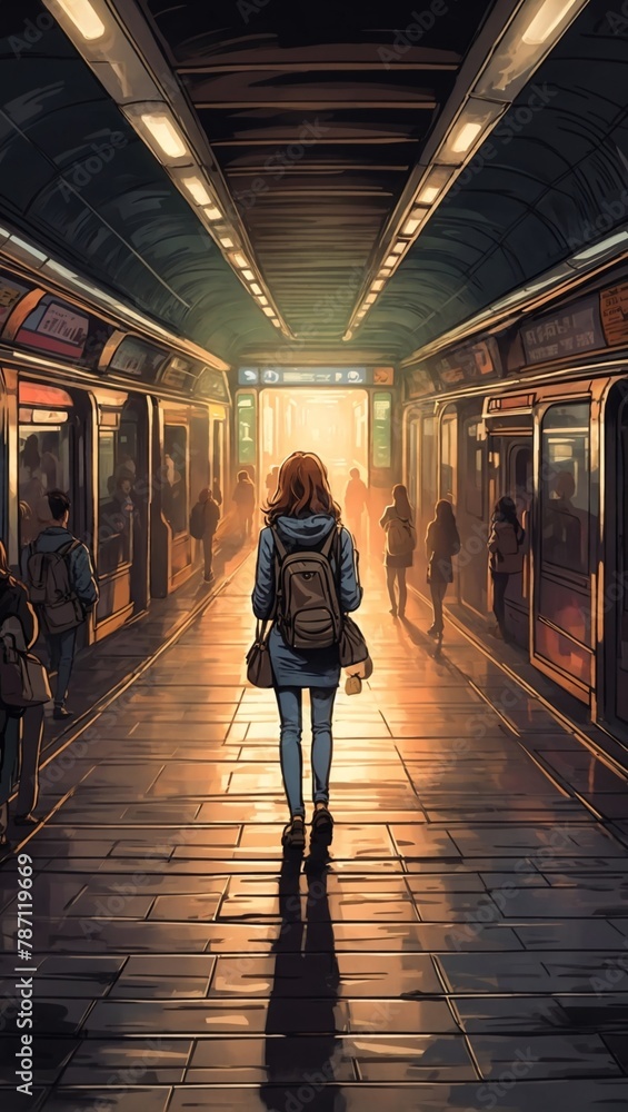 A subway train is approaching the platform, its headlights illuminated ...