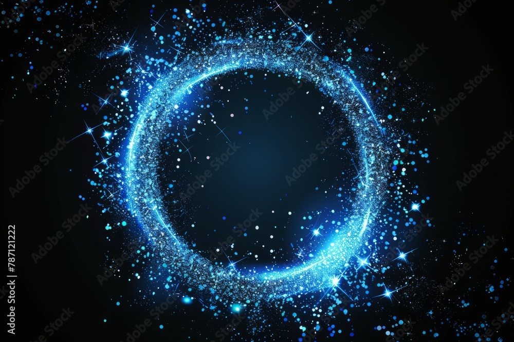 Blue glitter circle of light shine sparkles and blue spark particles in ...