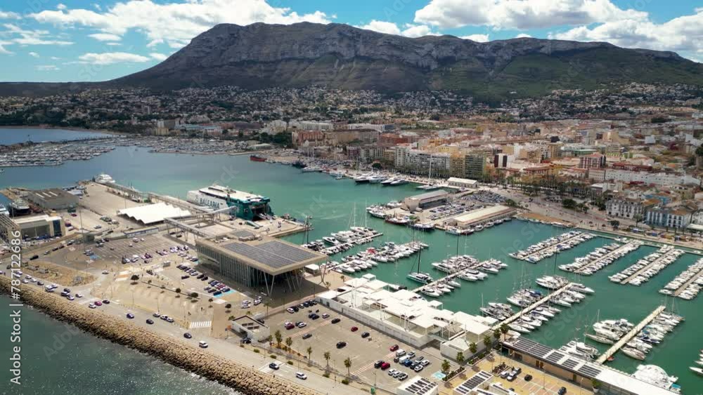 Panoramic aerial view of Denia city. View of Marina of Denia. Balearic ...