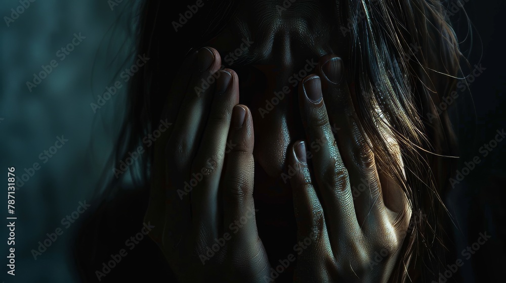 The image portrays domestic violence, fear, and a woman covering her ...