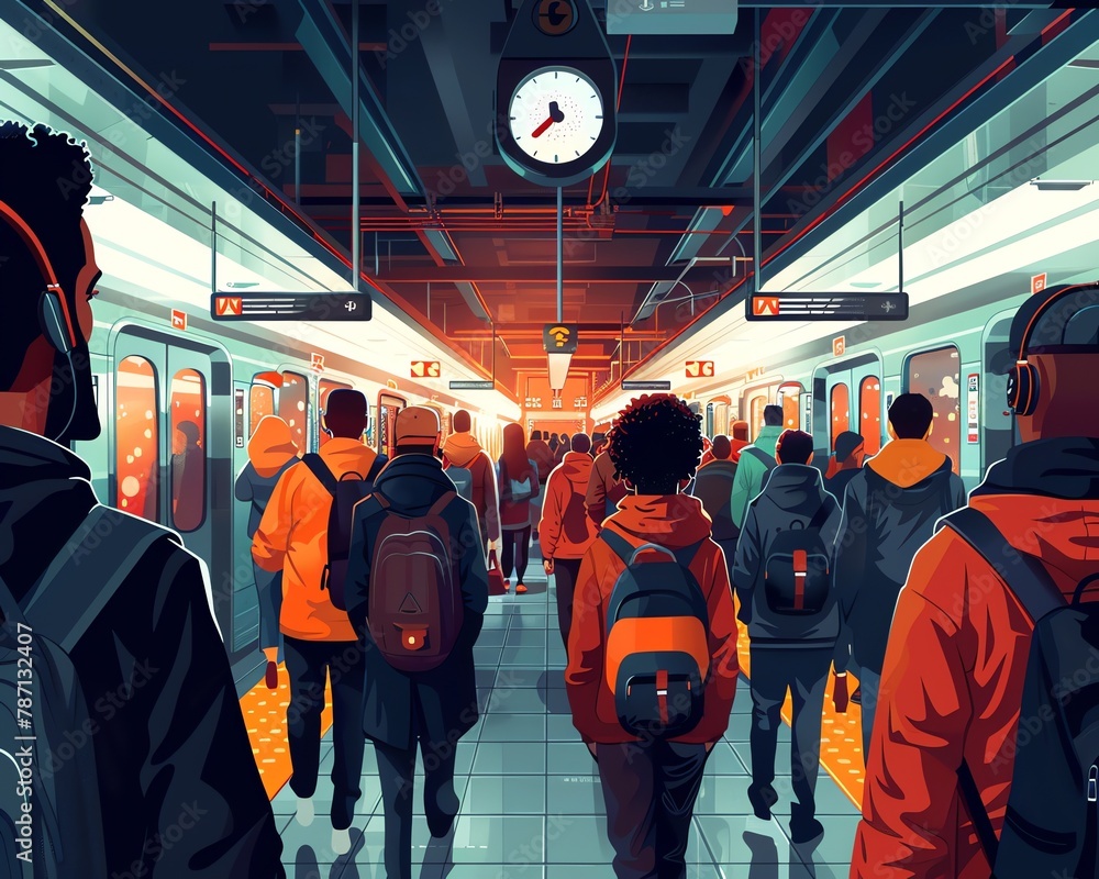 Create a vector graphic of high-tech earbuds in a busy subway station ...