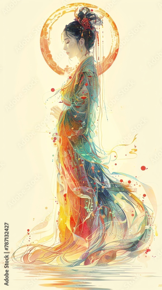 Illustrate Quan Yin in a pixel art style, showcasing her grace in a ...