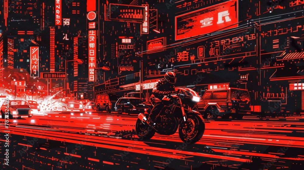 Pixel art of a high-speed pixel motorcycle race through a red neon-lit ...