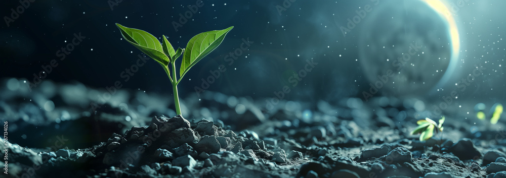 Sprout on moon surface: Young plant growing on lunar ground with ...