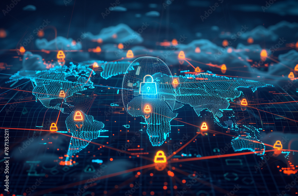 A digital world map with glowing padlock icons scattered across various ...