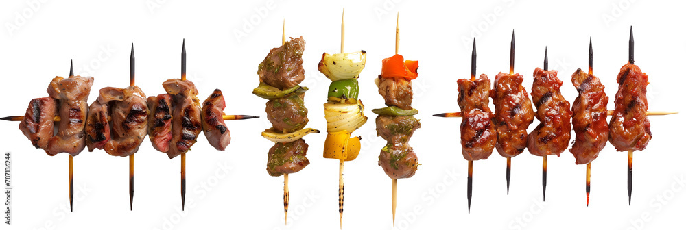 3 different types of meat skewers, each marinated in a distinct ...