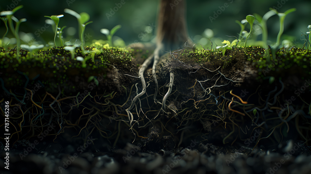Cross-section view of plant growth with visible roots and sprouts in ...