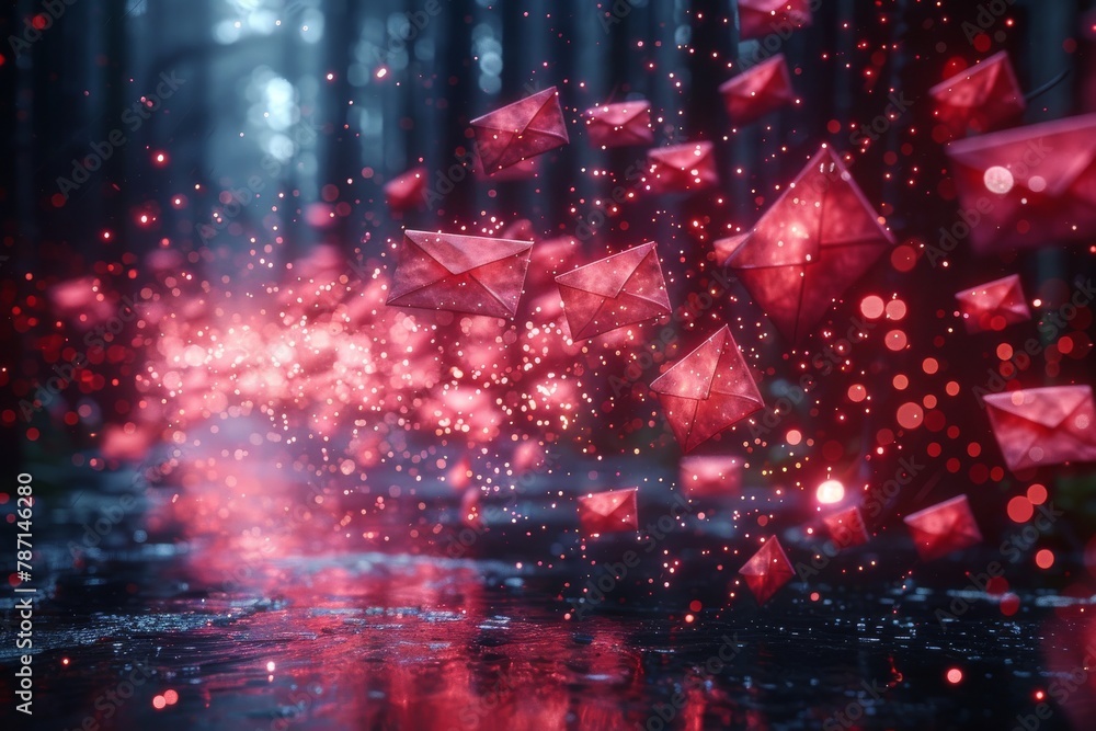 Mysterious red paper boats floating in an ethereal red fog with soft ...