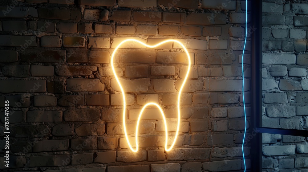 Tooth, neon sign on a brick wall background. Dental clinic concept ...