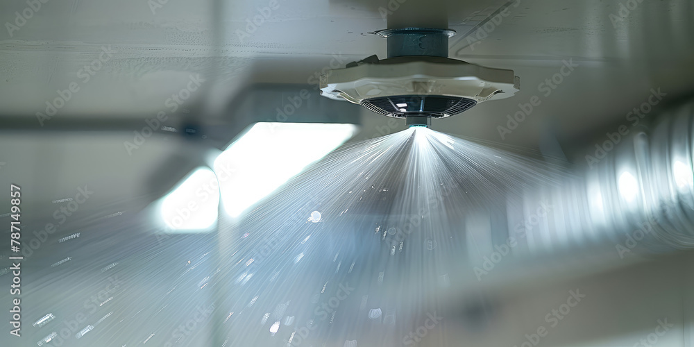 Indoor fire suppression system. White Smoke detector and water sprayer ...