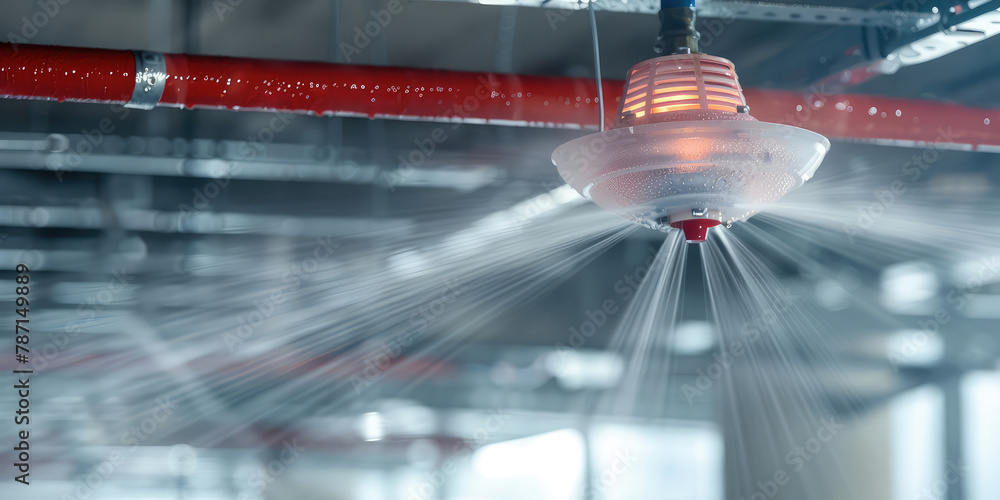 Indoor fire suppression system. White Smoke detector and water sprayer ...