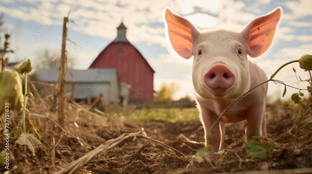 curious pig exploring a traditional farm environment, with the barn as ...