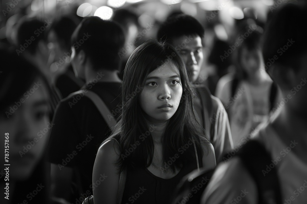 Young woman standing in thoughtful pose amid a crowded city street at ...