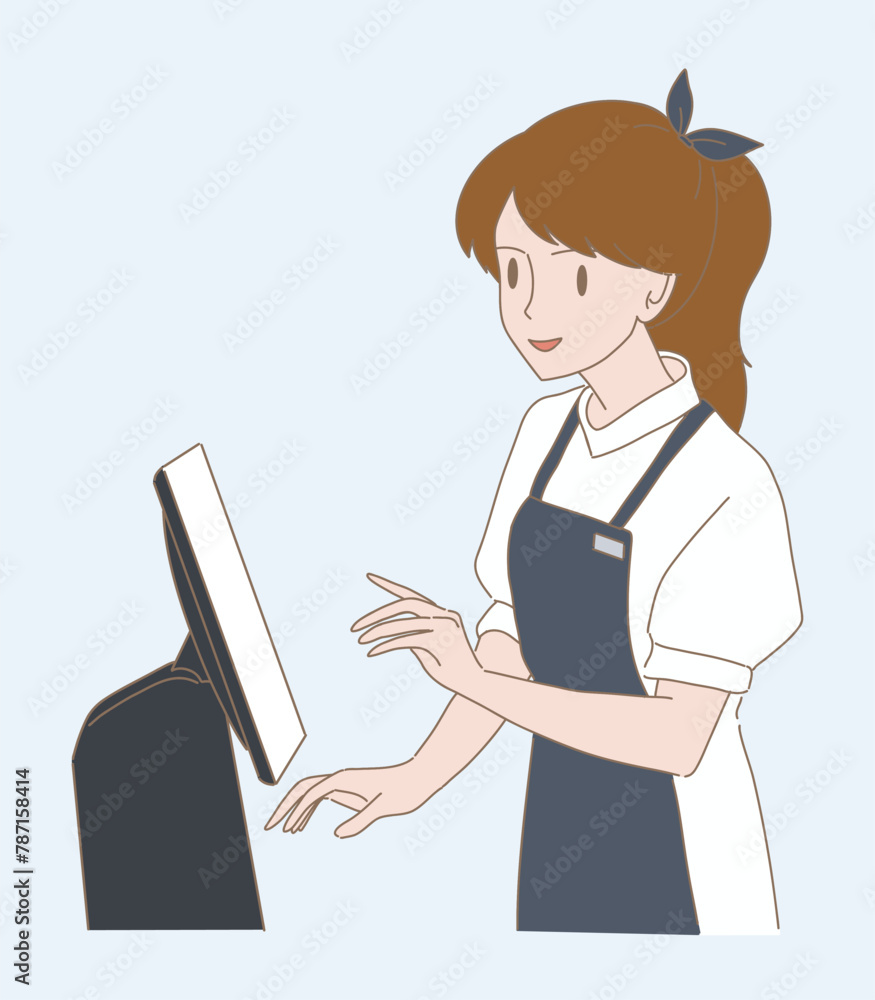 Supermarket cashier in uniform working at checkout. Cash register ...