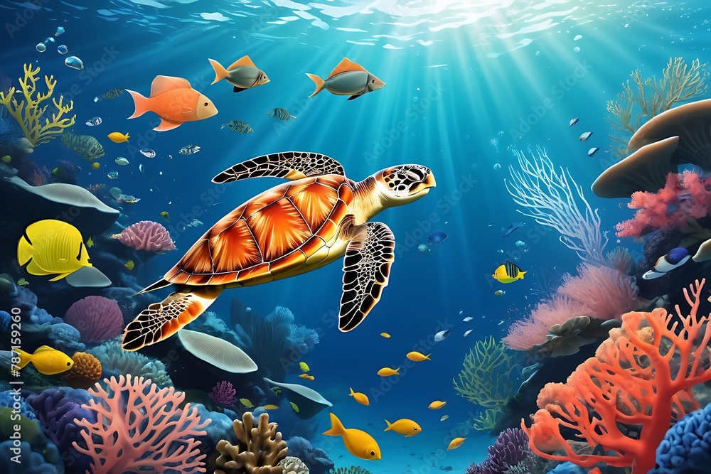 World oceans day 8 June. Save our ocean. Sea turtle, jellyfish and fish ...
