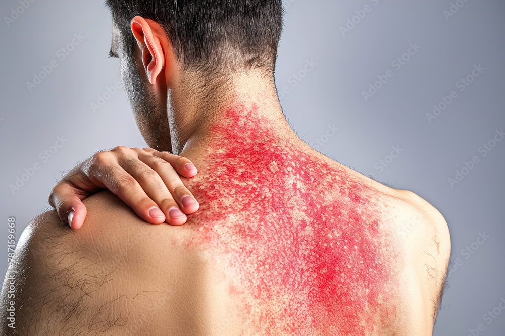 Detailed view of a red, inflamed skin rash on a person's back ...
