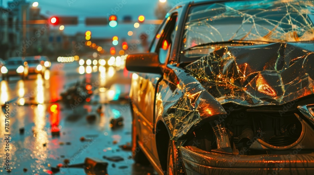 Crumpled car with its windshield shattered, with city lights and ...