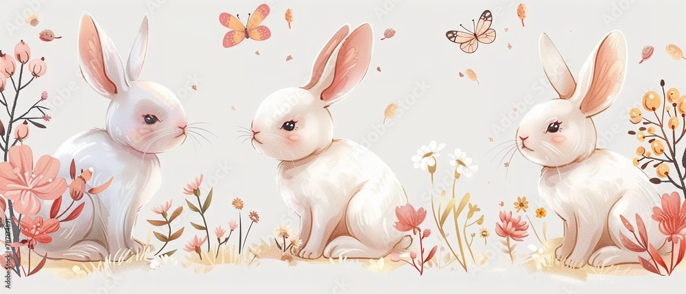 Handdrawn white rabbits in a series of cute wallpapers, featuring ...